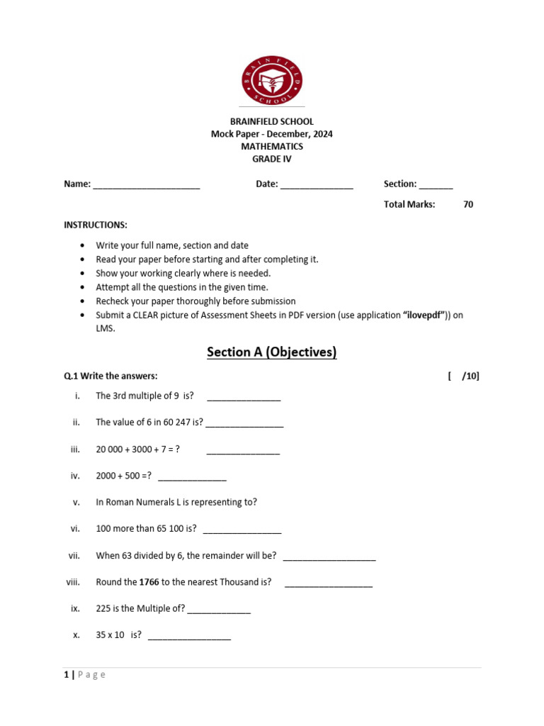 Grade 4 Mathematics Mock Exam Paper | PDF | Mathematical Notation ...