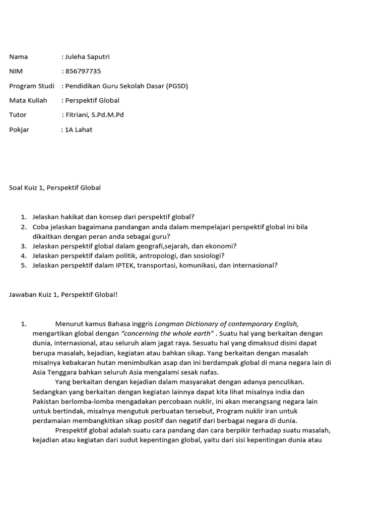 Kuiz 1 Perspektif Global | PDF