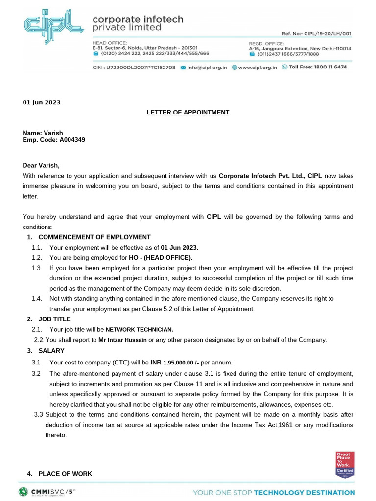 Letter-CIPL Appointment Letter-09 Jun 2023 | PDF | Indemnity | Employment