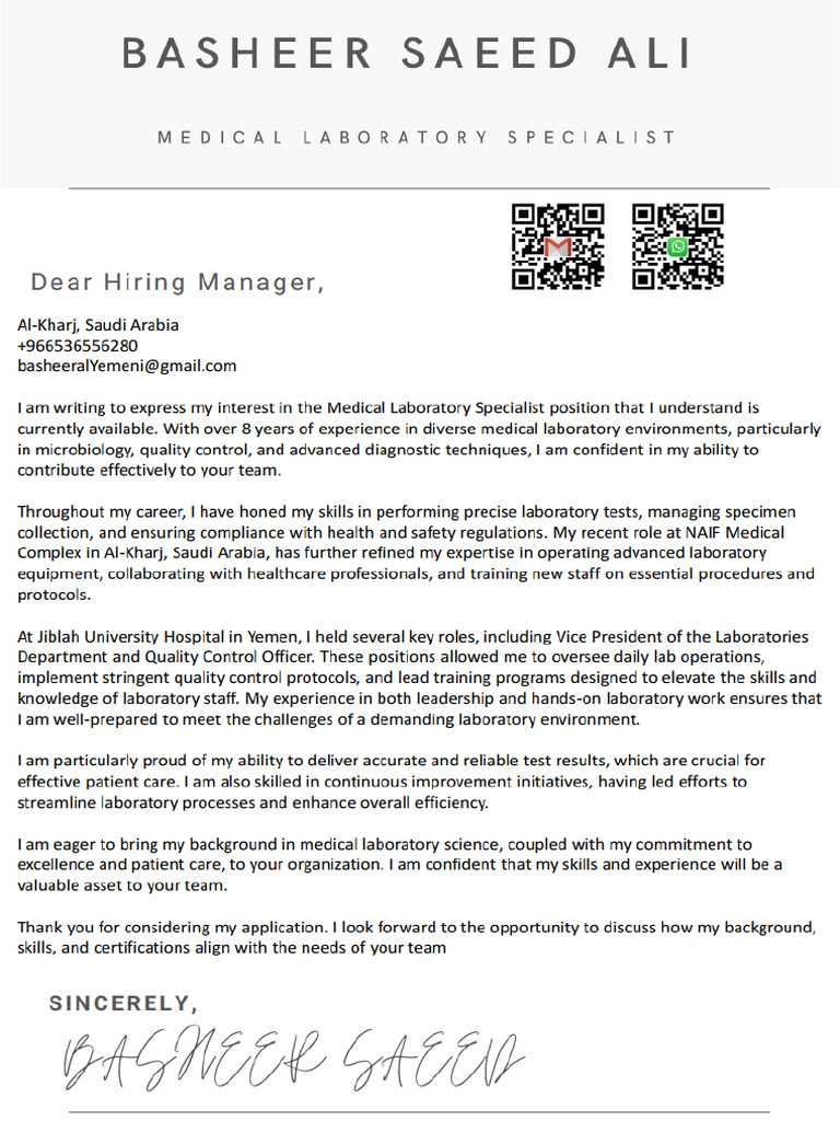 Basheer CV, Cover Letter and SCFHS | PDF