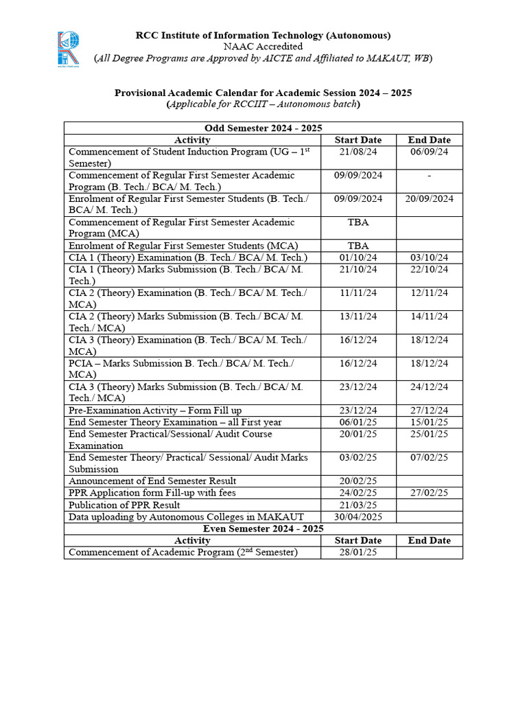RCCIIT Academic Calendar 2024-25 | PDF