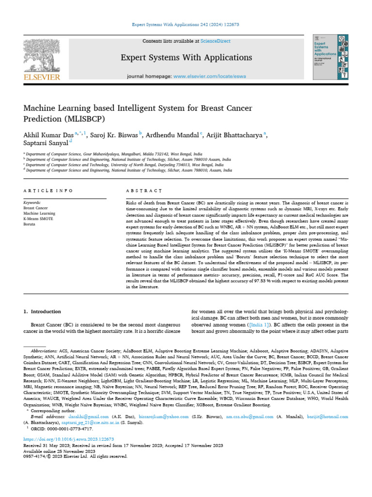 Machine Learning based Intelligent System for Breast Cancer Prediction (MLISBCP) | PDF ...