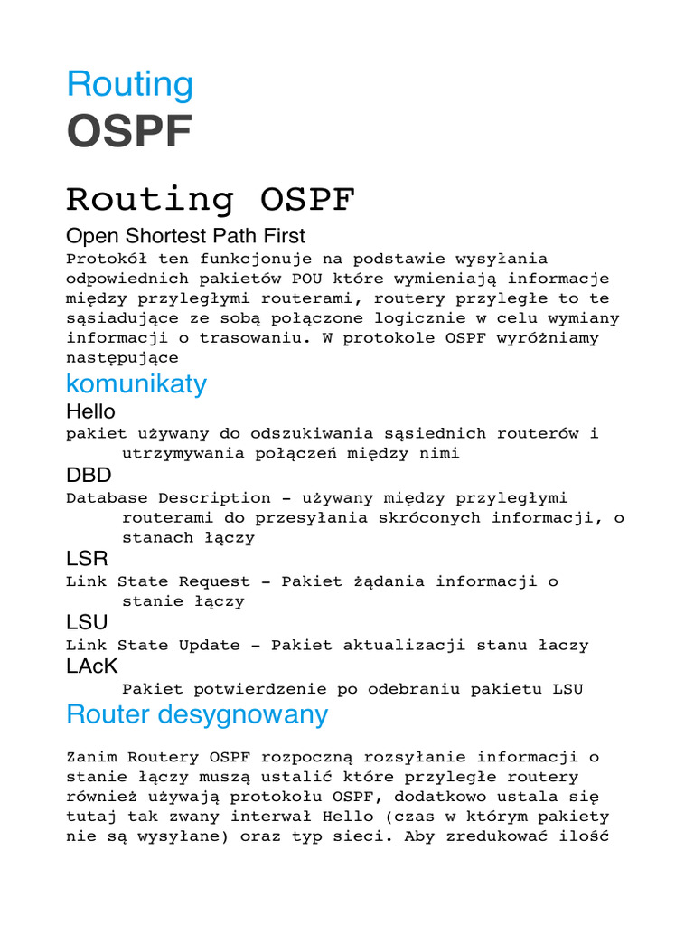 Routing OSPF + Urządzenia Sieciowe | PDF