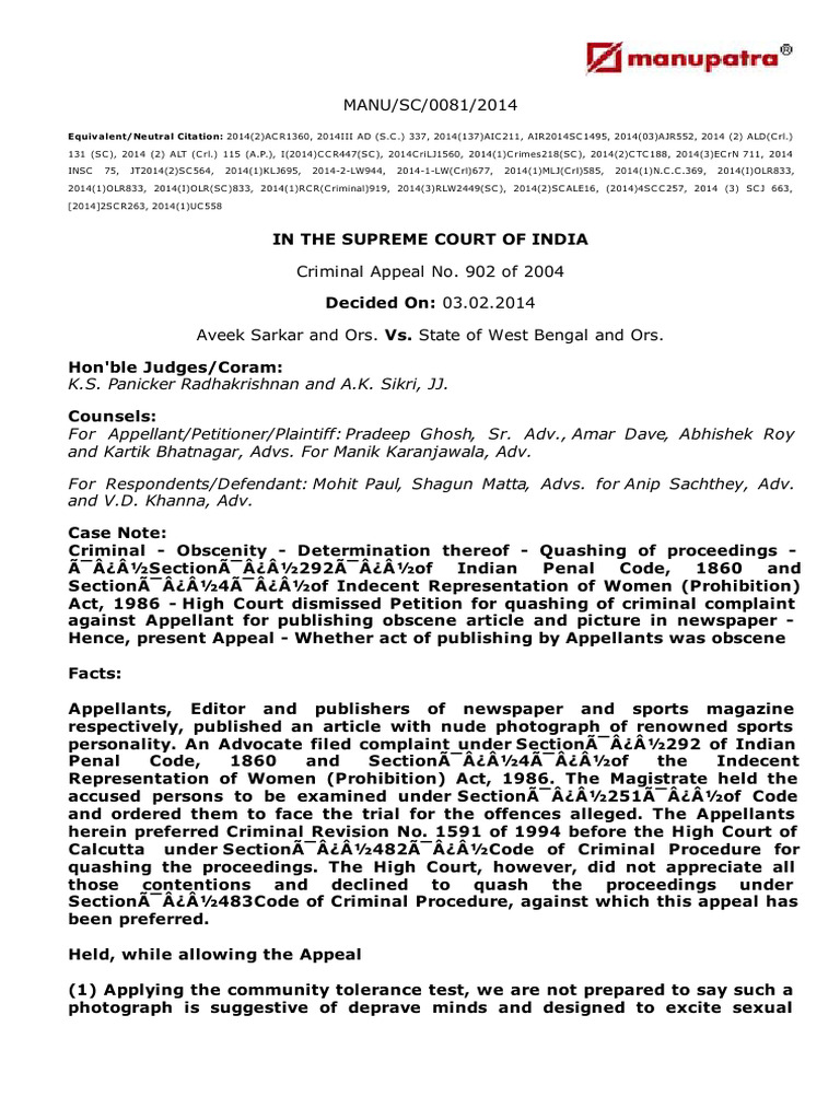 Aveek Sarkar and Ors Vs State of West Bengal and Os140080COM604098 ...