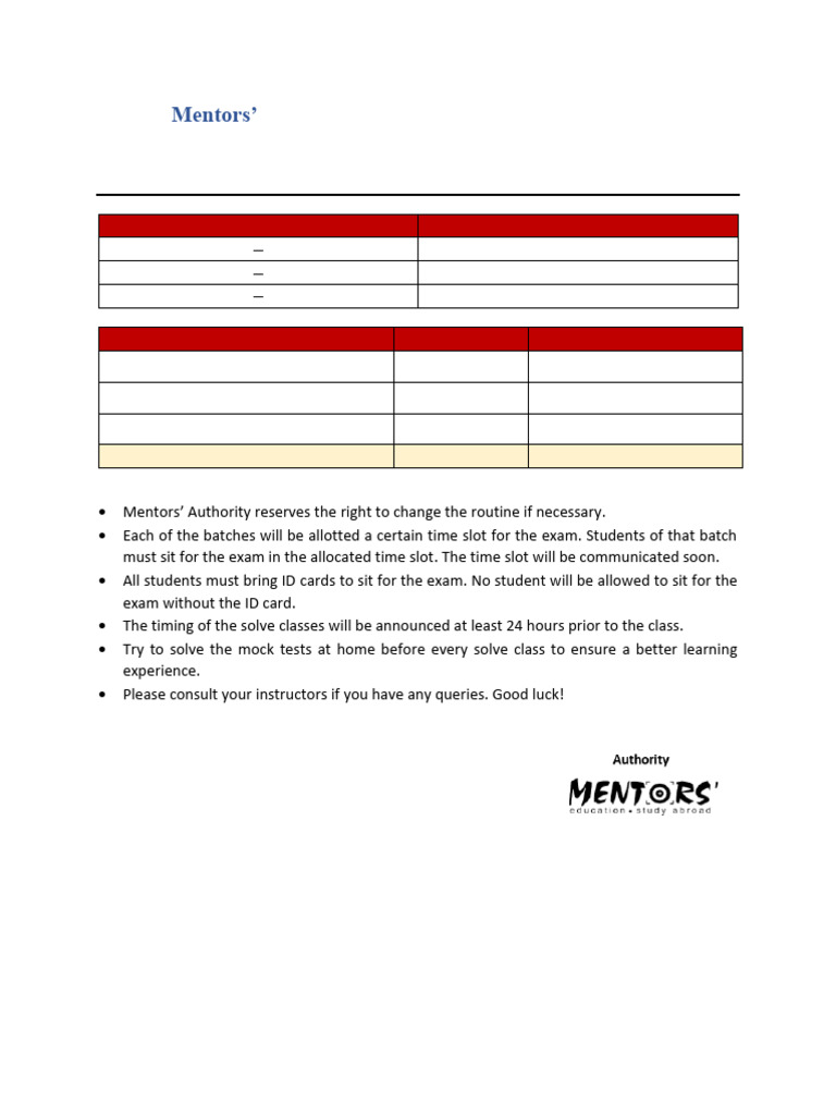 Mentors Mirpur BUP Mock Routine 2024 2025 | PDF