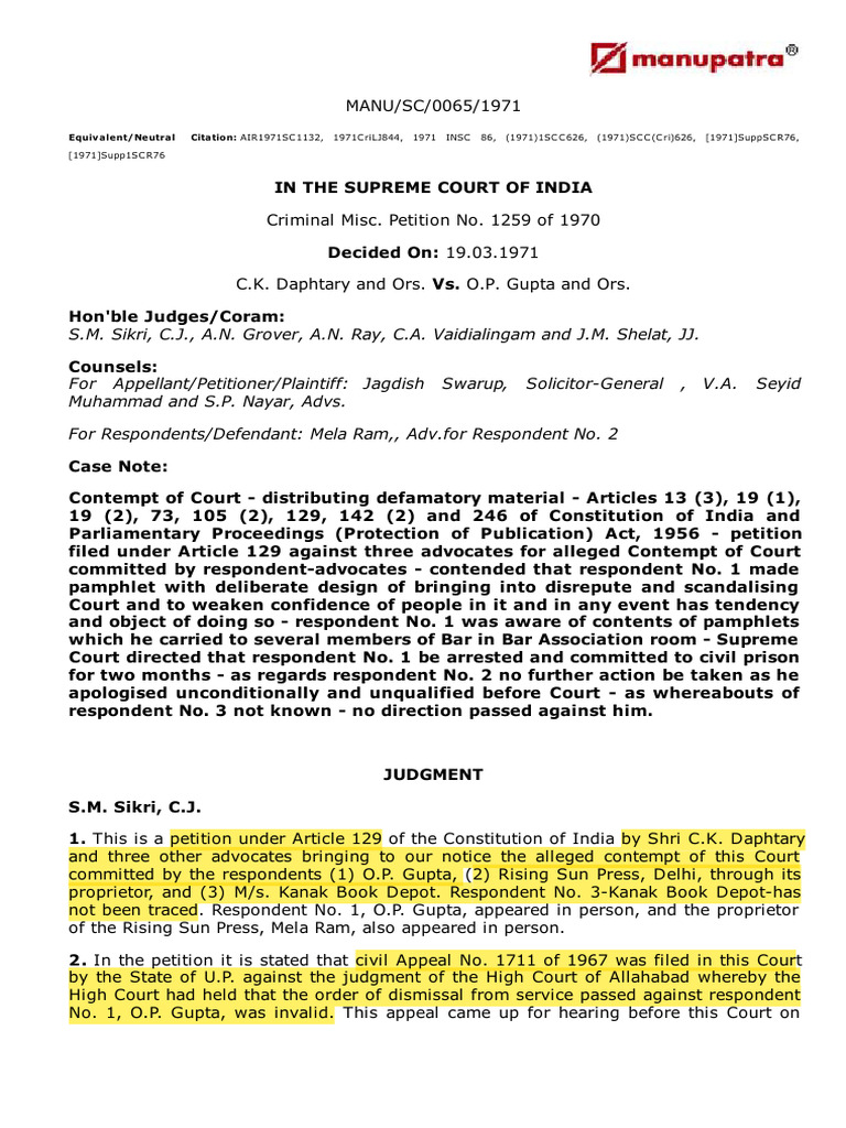 CK Daphtary and Ors Vs OP Gupta and Ors 19031971s710065COM117058 | PDF ...