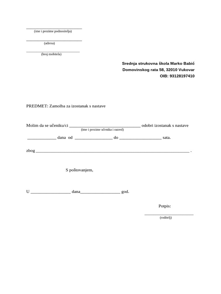 Obrazac Zamolbe Roditelja Za Izostanak Ucenika S Nastave | PDF