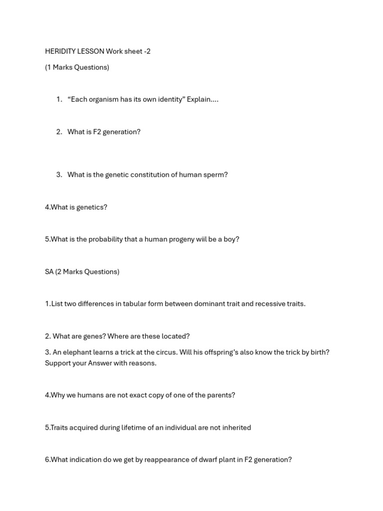 Genetics and Heredity Worksheet | PDF