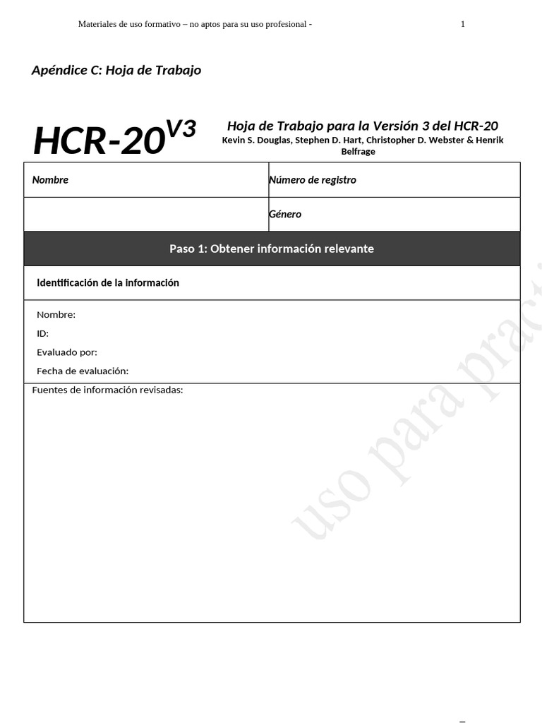 Hoja de Trabajo HCR-20 V3 | PDF | Riesgo | Violencia