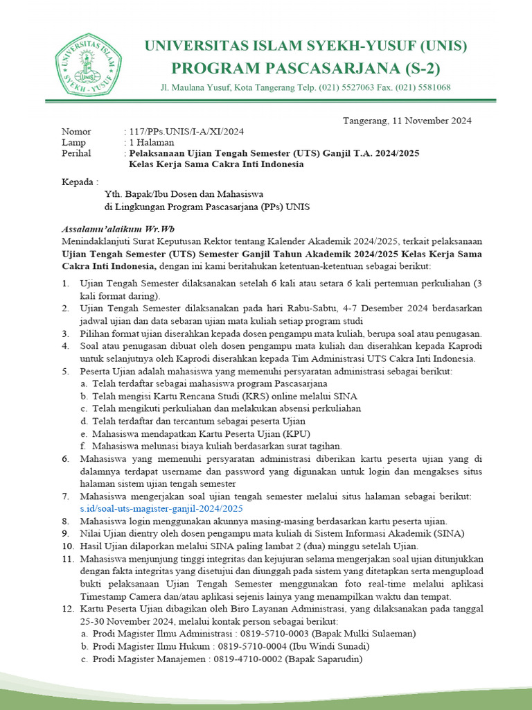 Surat Edaran Uts Ganjil 2024 2025 | PDF