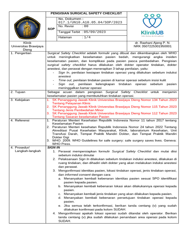 DRAFT SOP SURGICAL SAFETY CHECKLIST Dieng | PDF