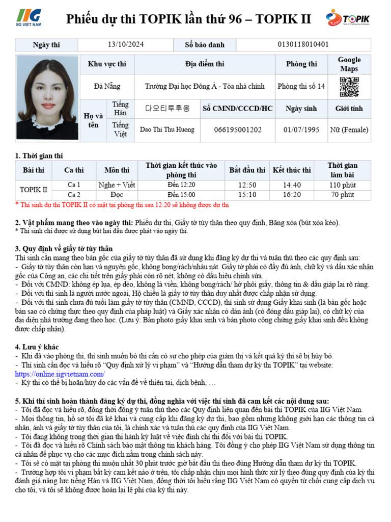 Phiếu dự thi TOPIK lần thứ 96 - TOPIK II: Dao Thi Thu Huong | PDF