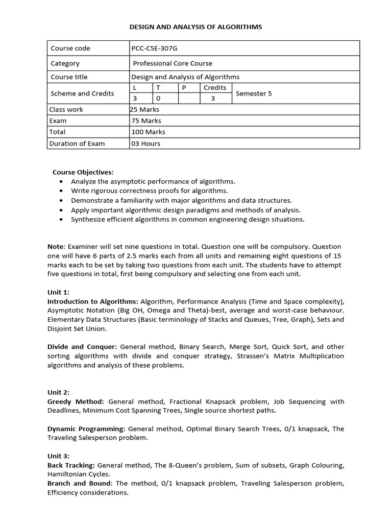DAA Syllabus | PDF | Algorithms | Computer Programming DAA Syllabus | PDF | Algorithms | Computer Programming