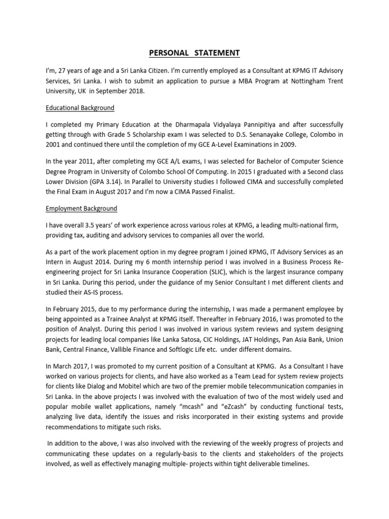 Sample Personal Statement_MBA_NTU | PDF | Master Of Business ...