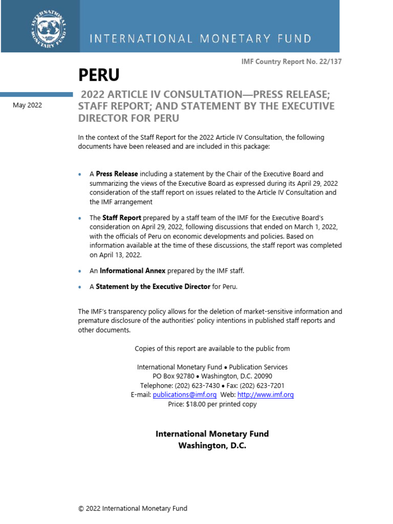 ARTICLE IV CONSULTATION - Peru | PDF | Inflation | Fiscal Policy
