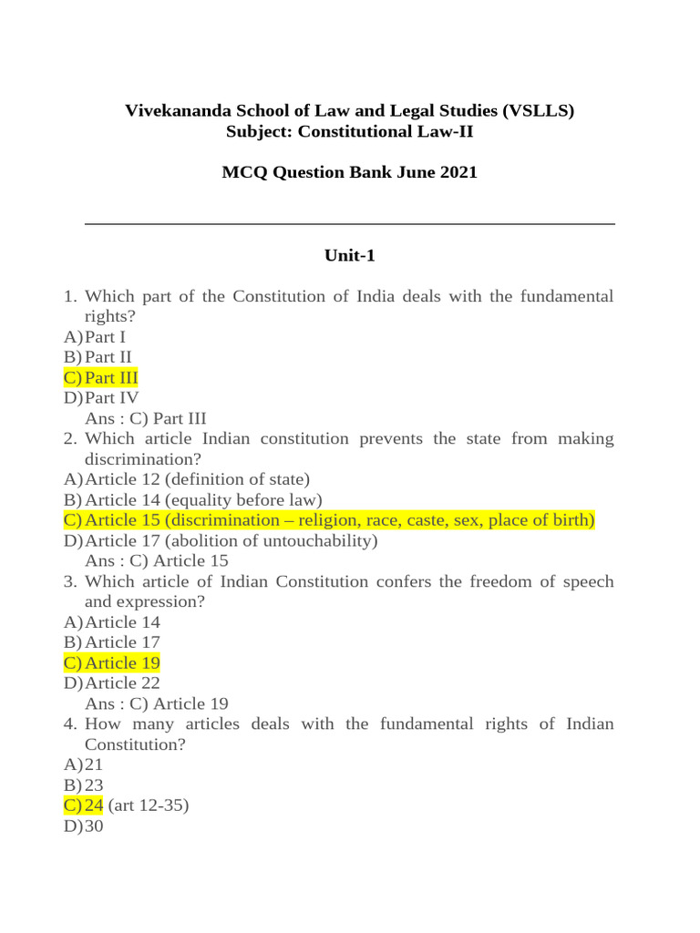 Constitutional Law II MCQ Question Bank Bank | PDF | Justice | Crime ...