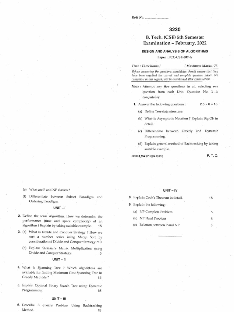 btech cse 5th sem feb 2022 design and analysis of algorithms 3230 | PDF