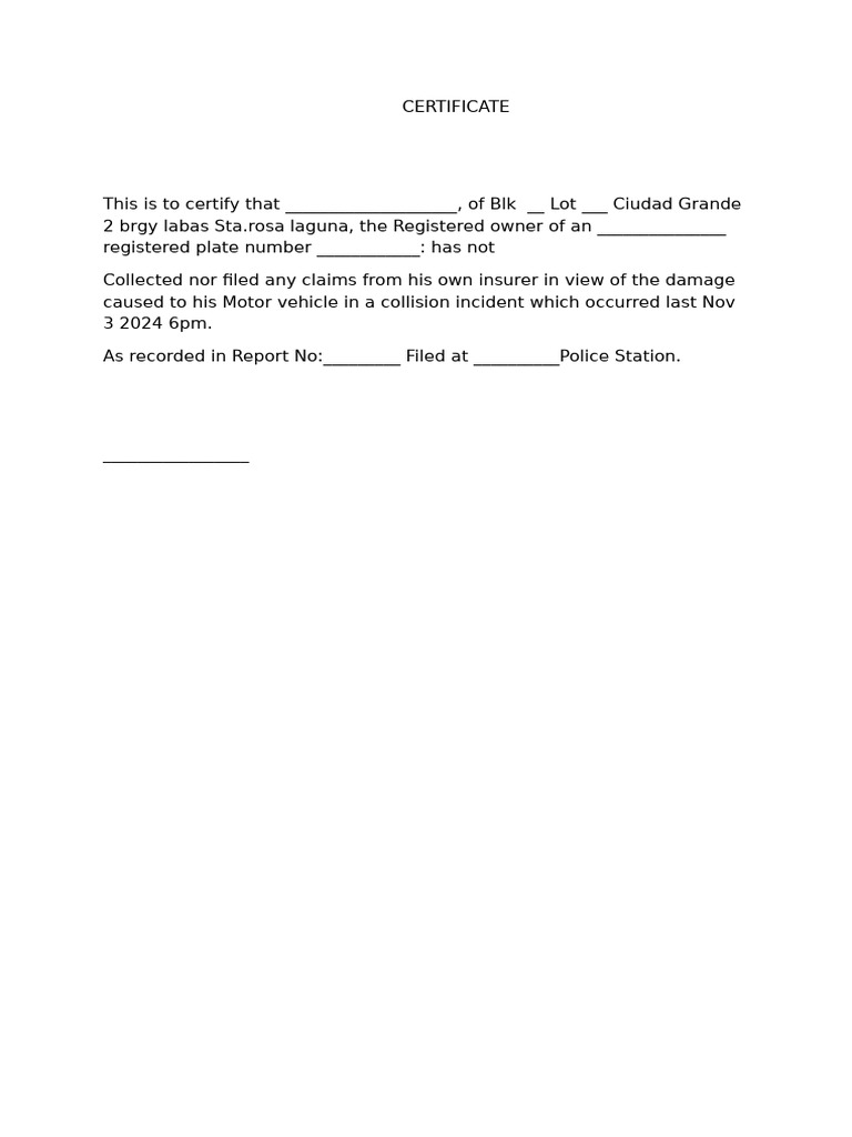 No Insurance Claim Certificate | PDF