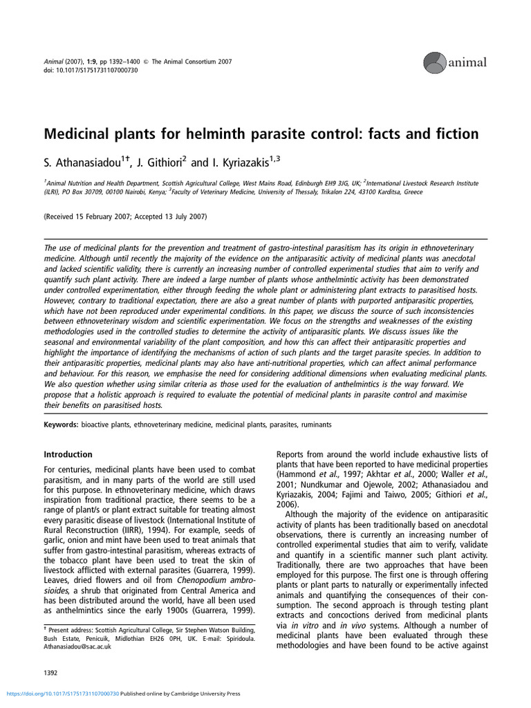 Medicinal Plants For Helminth Parasite Control Facts and Fiction | PDF ...