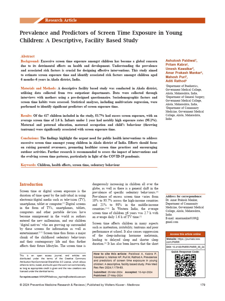 Prevalence and Predictors of Screen Time Exposure.3 | PDF | Linear ...