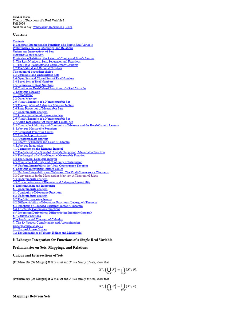 MATH 55003 Theory of Functions of A Real Variable I Fall 2024 Next Class Day | PDF | Measure ...