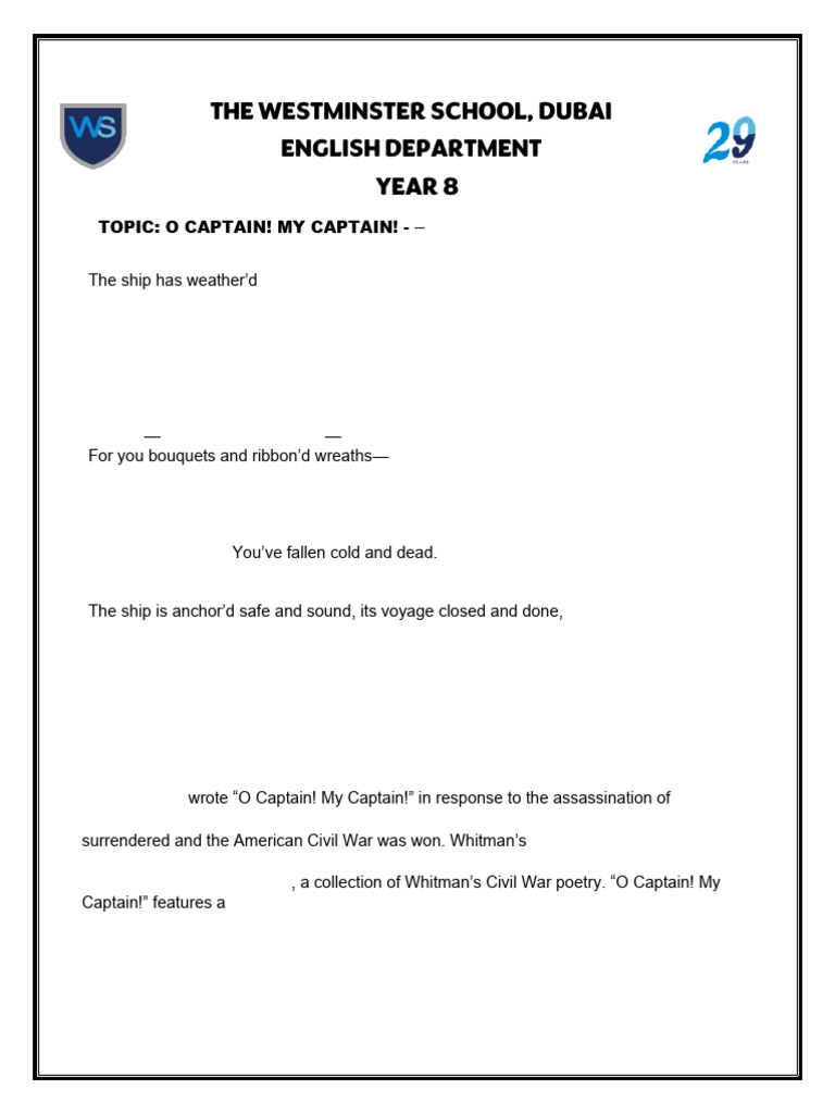 "O Captain! My Captain! Analysis" | PDF | Poetry