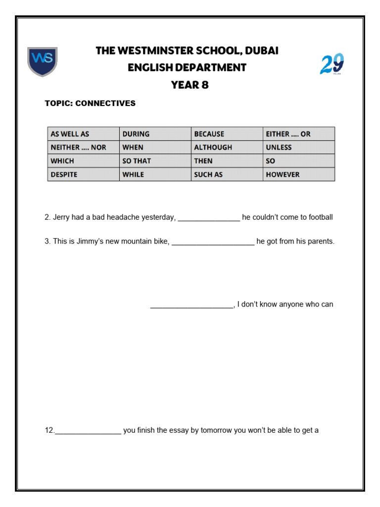 Yr8 Connectives Worksheet | PDF