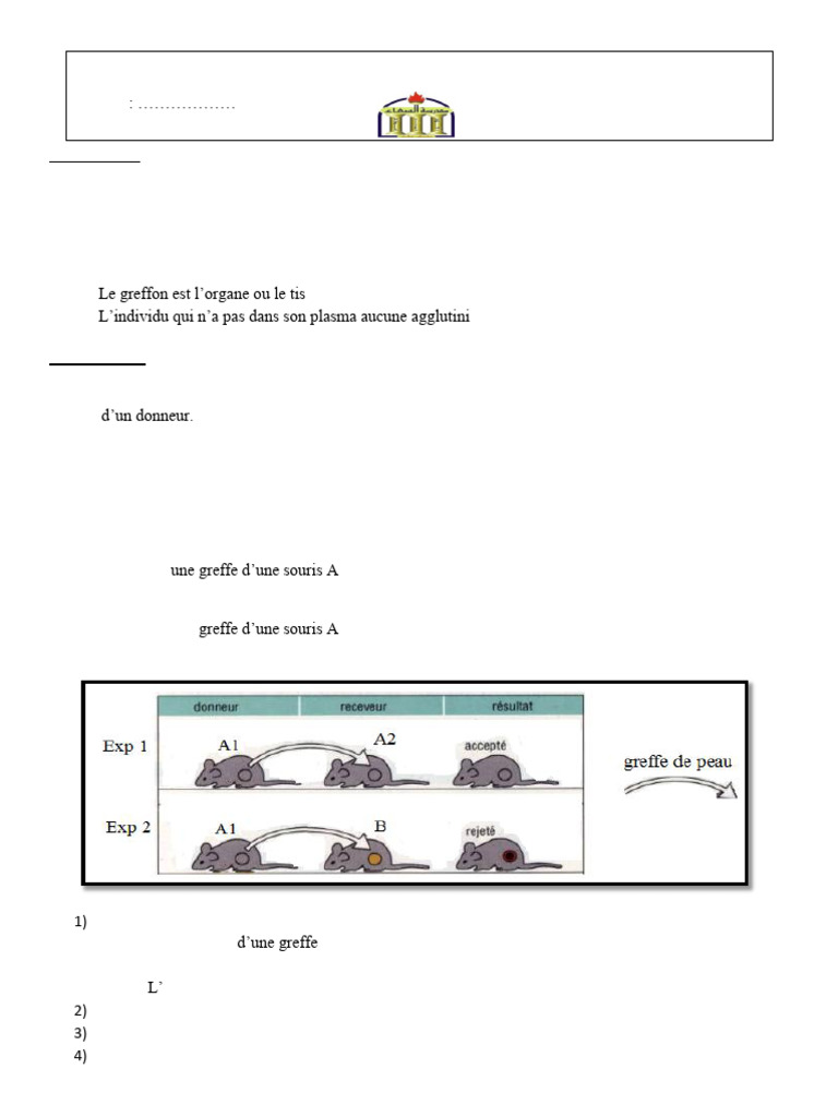 Examen de Biologie EB8 : Greffe et Immunité | PDF | Greffe d'organe ...