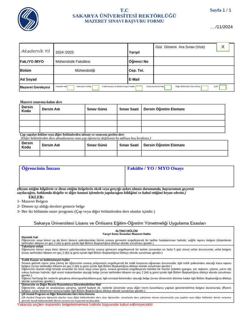 Mazeret Sinavi Basvuru Formu 26112024 | PDF
