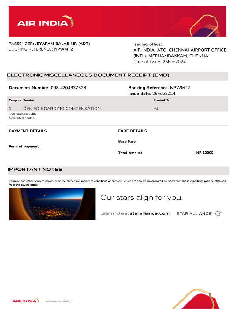 Air India Web Booking Eticket (NPWMT2) - BALAJI | PDF