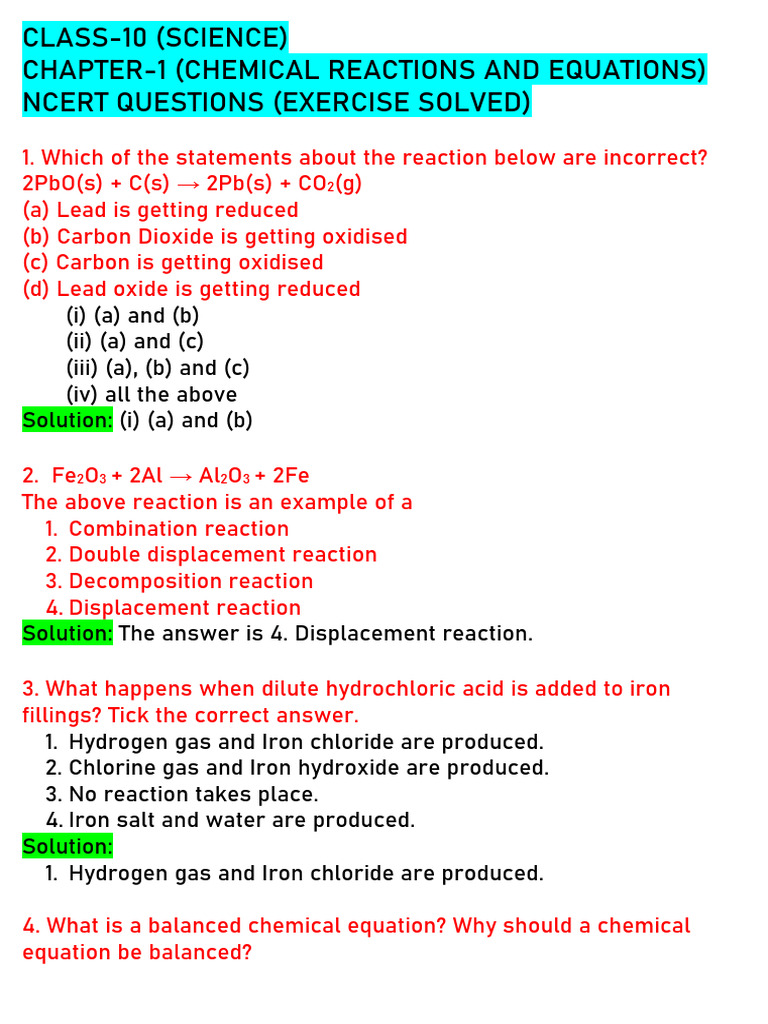 Class 10 Chemical Reactions Solutions | PDF | Chemical Reactions | Rust