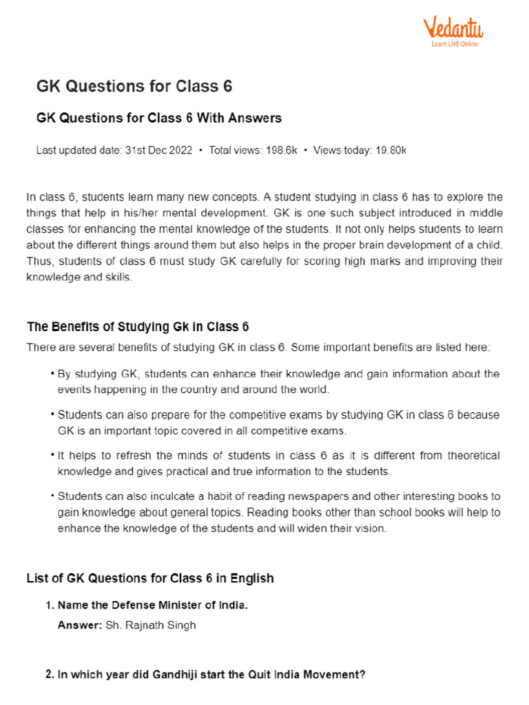 GK Questions For Class 6 | PDF