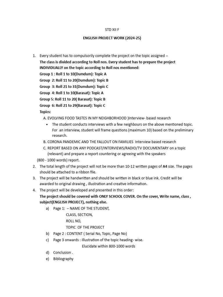 STD XII English Project Guidelines 2024-25 | PDF
