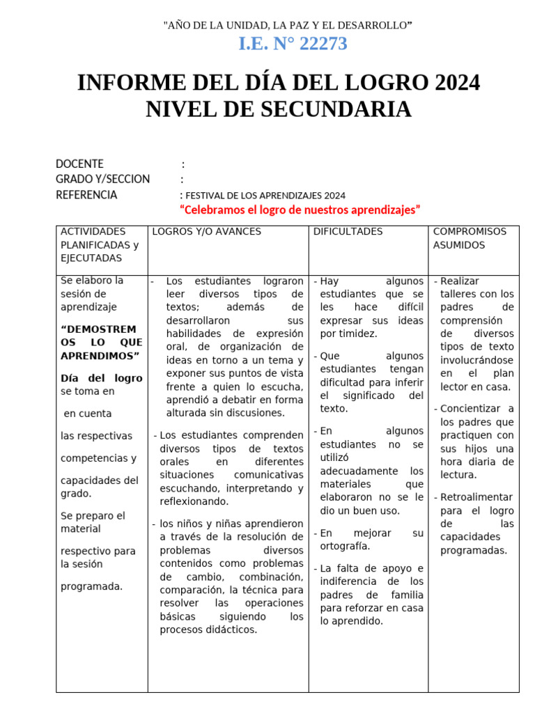 Informe Del Festival de Los Aprendizajes Dia Del Logro-Secundaria | PDF | Aprendizaje | Maestros