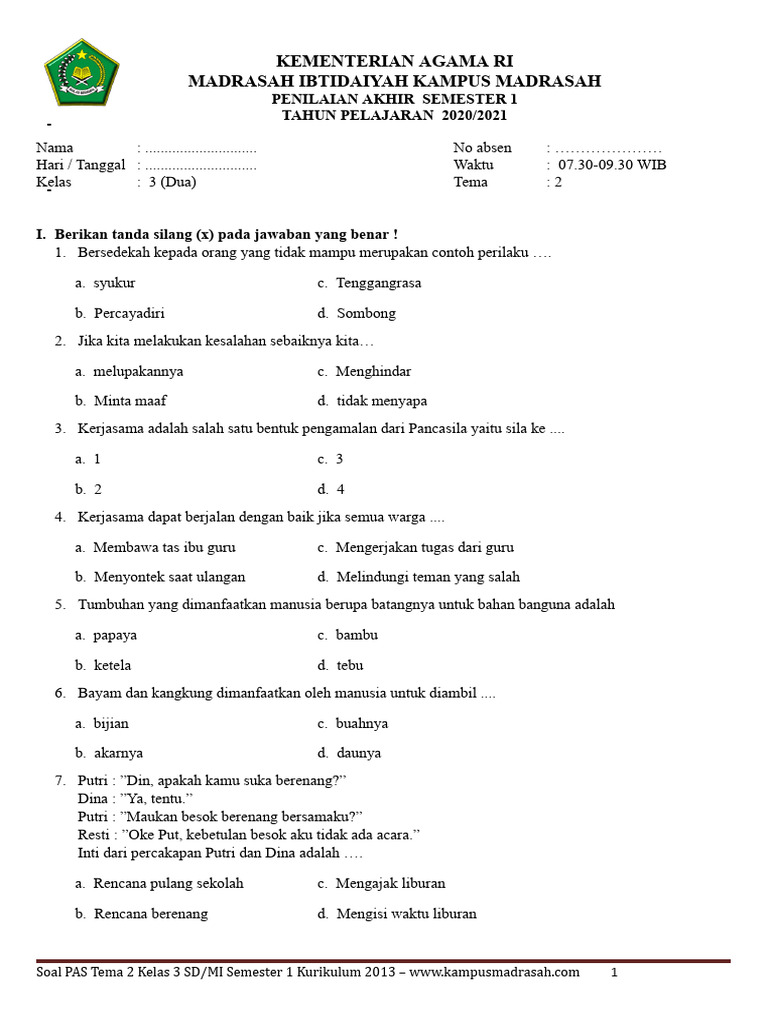 Soal PAS Kelas 3 Semester 1 | PDF