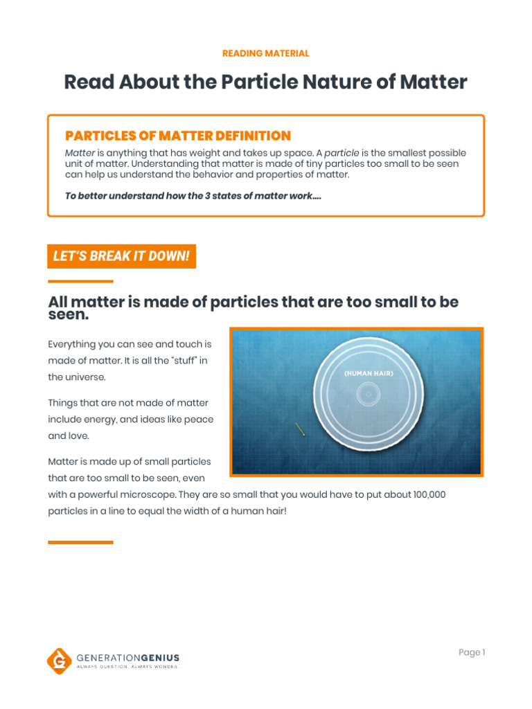 Particle Nature of Matter Reading Material Grades 3 5 | PDF | Gases ...