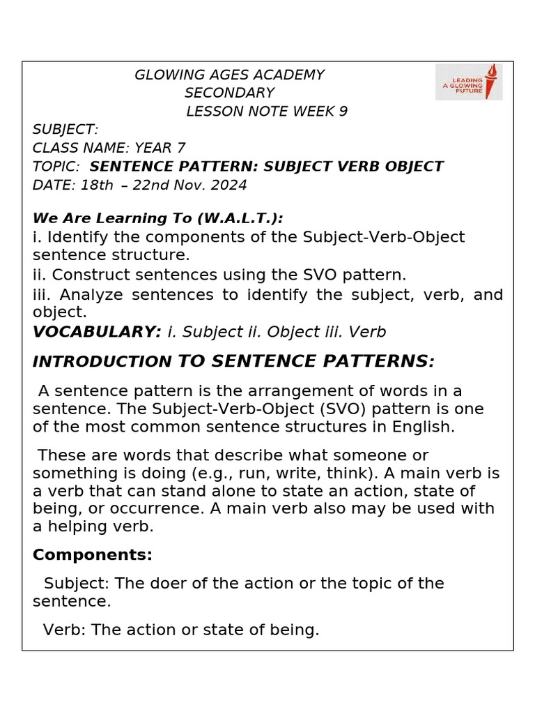 Year 7 SVO Sentence Pattern Lesson | PDF