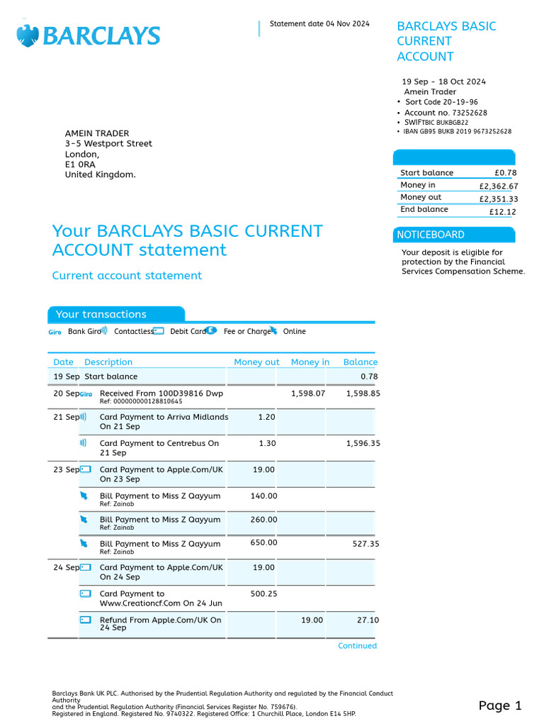 Amein.Trader-Barclays-Bank Statement-pdf | PDF | Payments | Transaction ...
