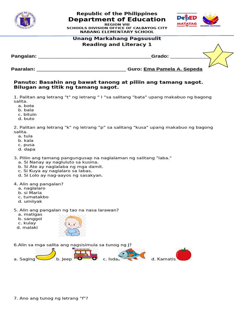 PT Grade 1 Matatag Reading and Literacy 1 | PDF