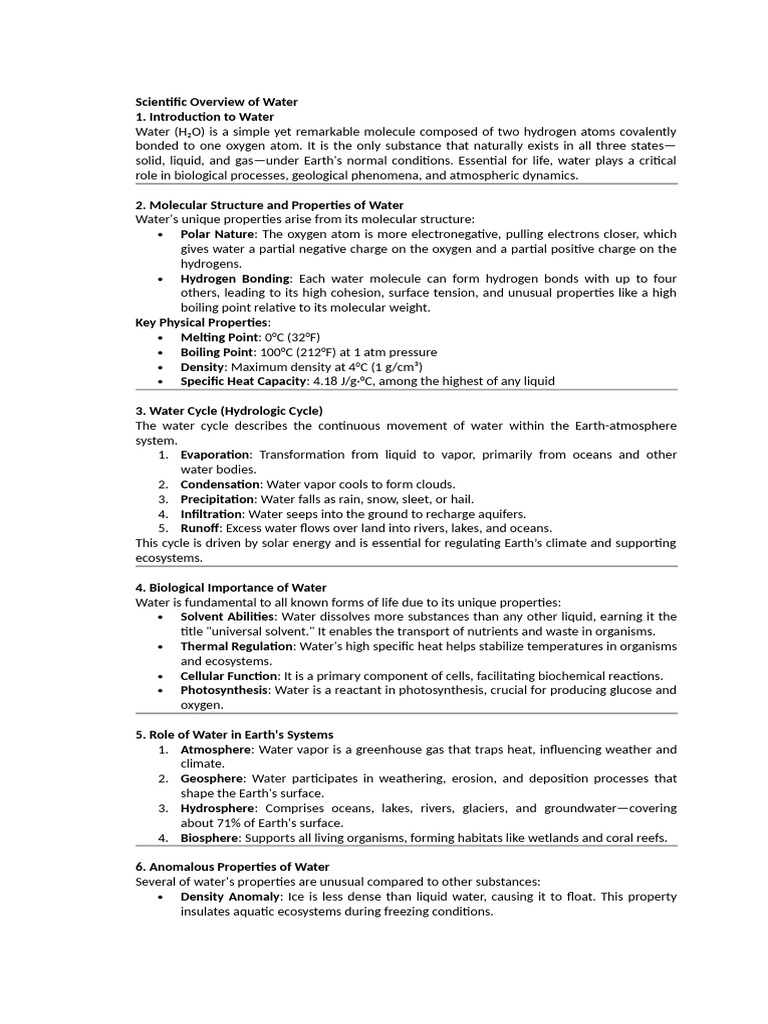 Scientific Overview of Water | PDF | Water | Properties Of Water