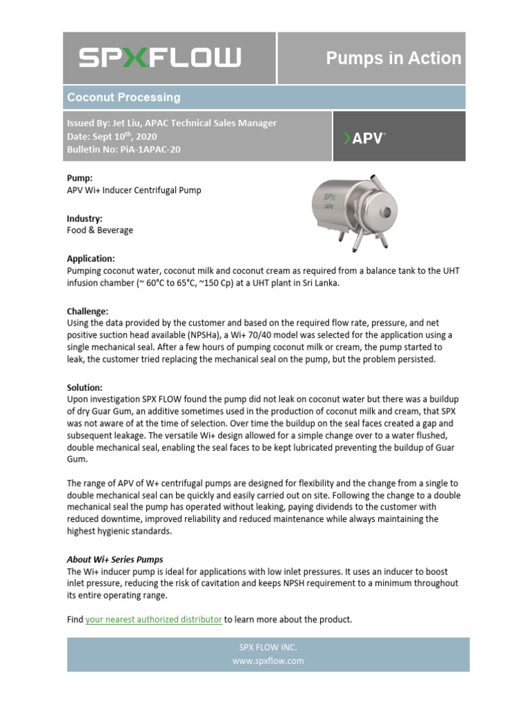 APV Pumps Centrifugal Wiplus Coconut Processing PIA 1APAC 20 | PDF