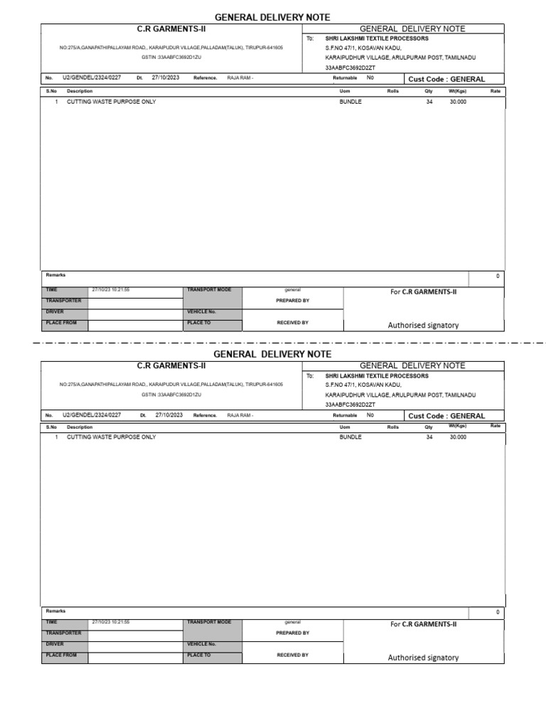 C.R Garments-Ii: General Delivery Note | PDF
