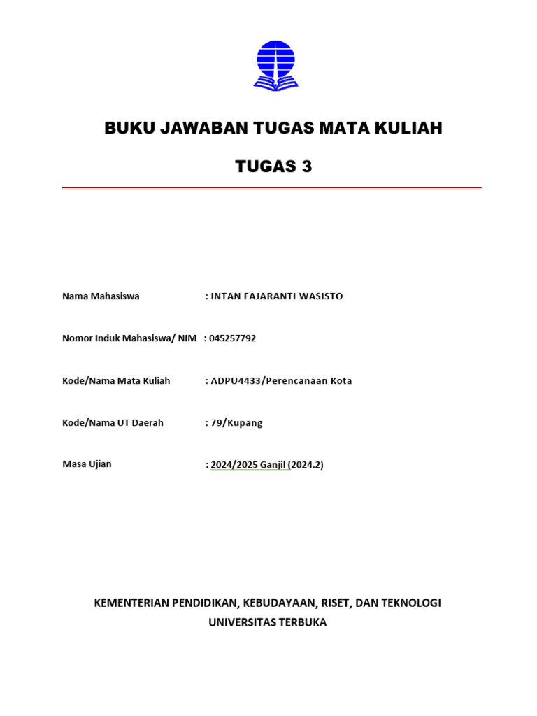 Tugas 3 Adpu4433 - Perencanaan Kota Intan | PDF