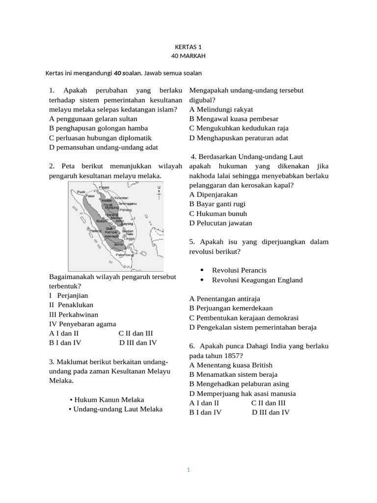 Soalan Sejarah K1 SA 2022 | PDF