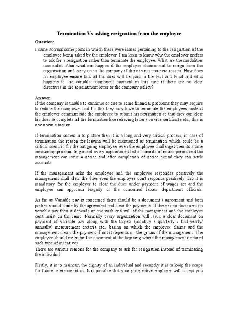 Resignation vs. Termination Guide | PDF | Employment | Mergers And ...