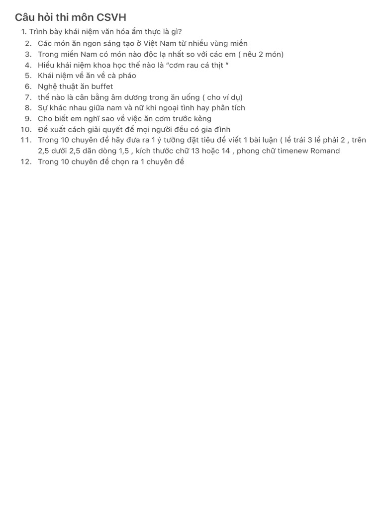 Câu Hỏi Thi Môn CSVH | PDF