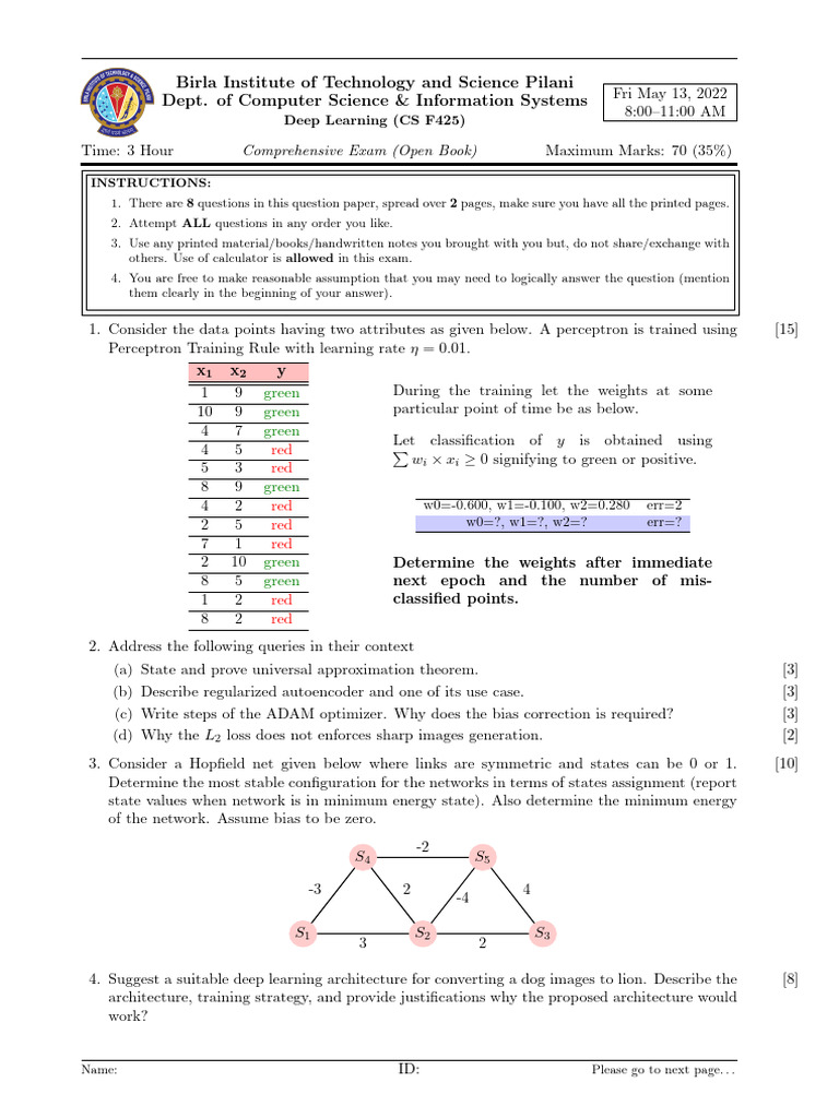 1152 CS F425 Comprehensive Exam Question Paper DL | PDF | Deep Learning | Machine Learning