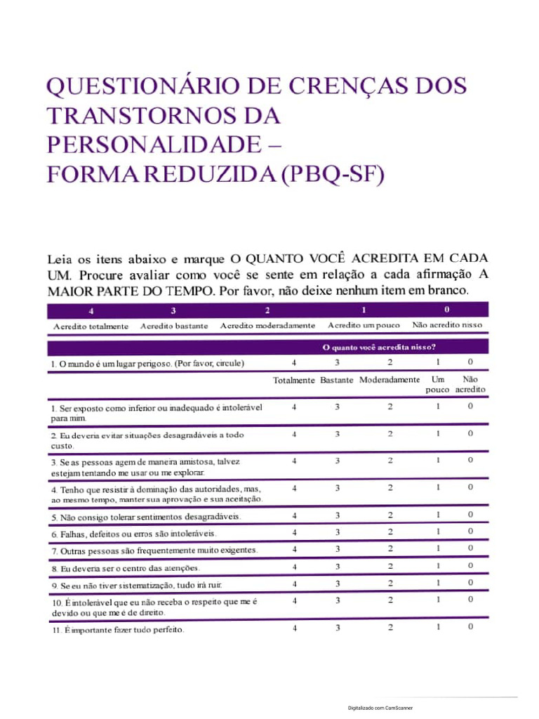 Questionario de Crenças Dos Transtornos Da Personalidade (PBQ-SF) | PDF