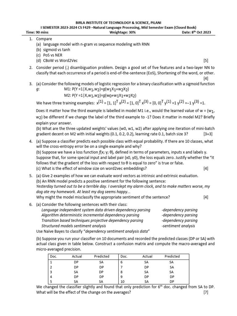 1157 CS F429 20240211051929 Mid Semester Question Paper NLP | PDF | Parsing | Statistical ...