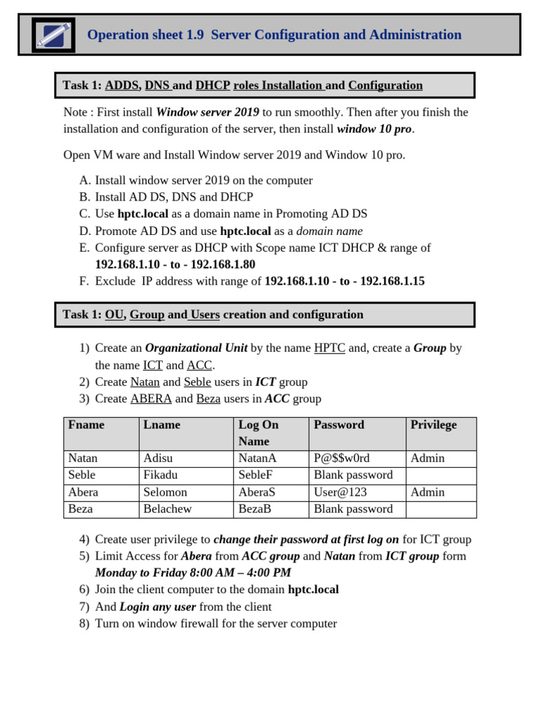 Operation Sheet 9 Configure and Administrate Server 2019 | PDF | Domain Name System | Login